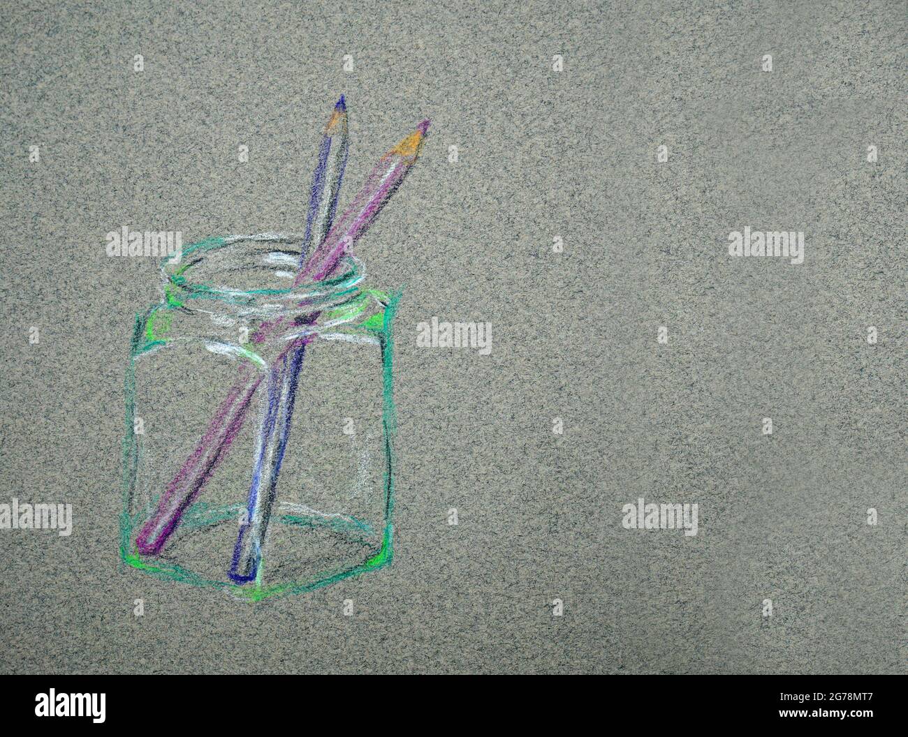 Drawing of glass jar and coloured pencils on textured paper with copy ...