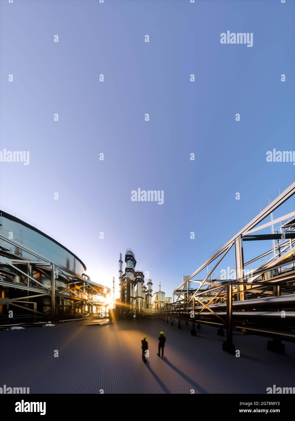 Technicians supervisor looking out onto an oil refinery at sunset with ...