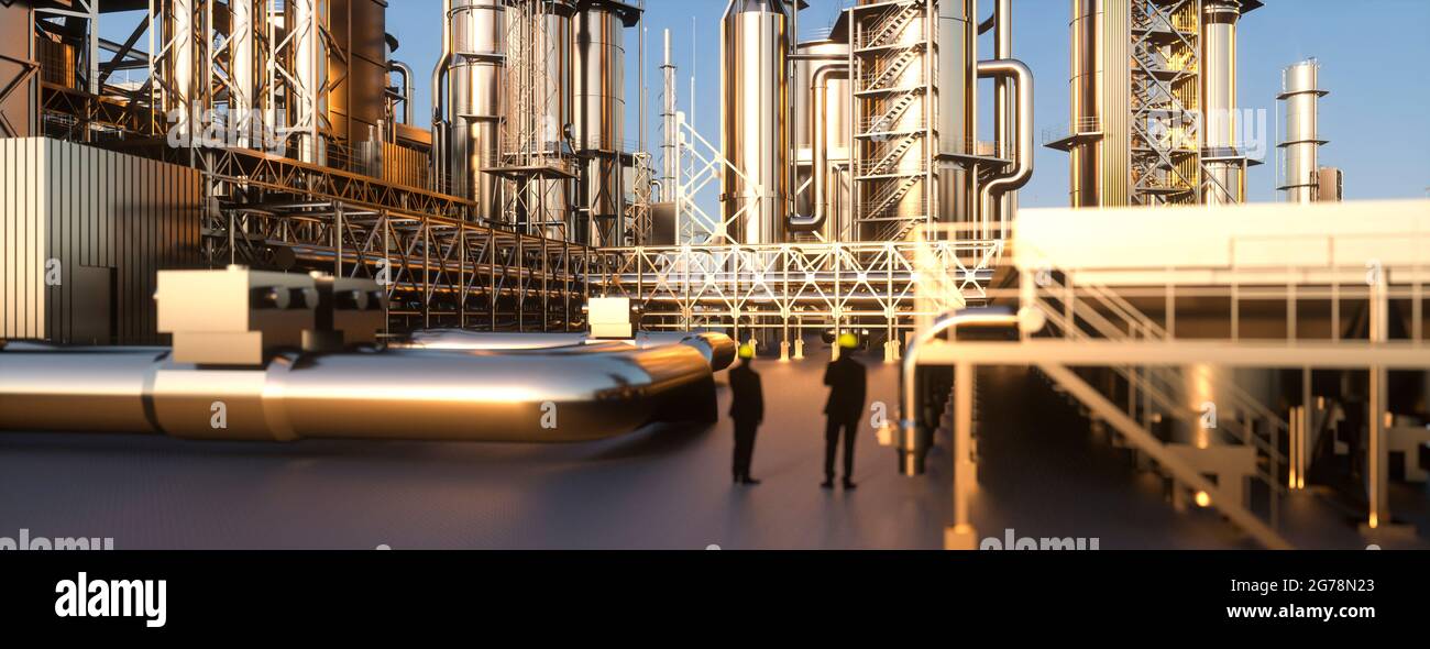 Technicians supervisor looking out onto an oil refinery at sunset with ...