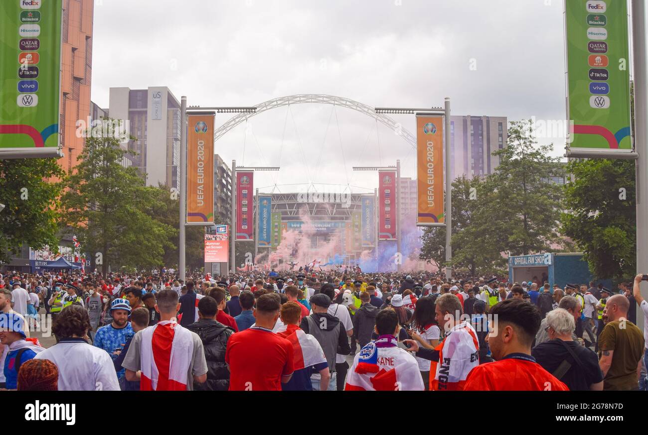 London, United Kingdom. 11th July 2021. England football fans gather ...