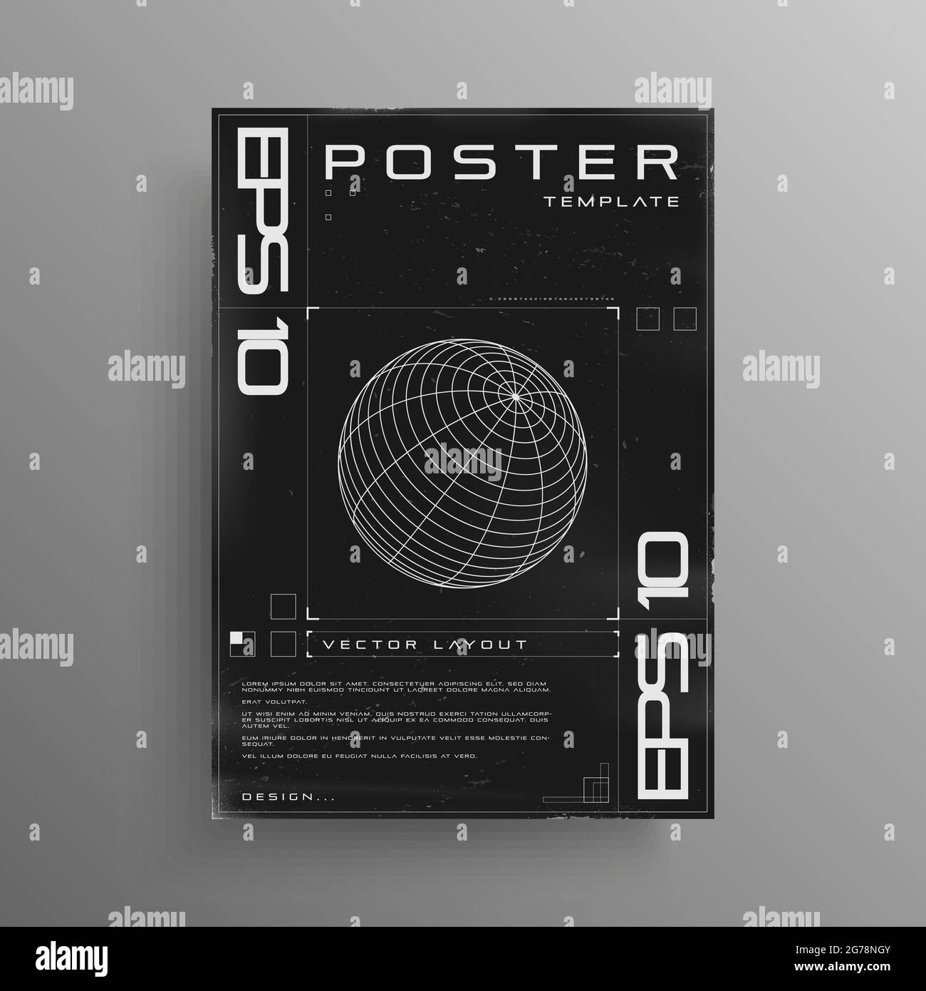 Retro cyberpunk poster with wireframe 3D sphere. Black and white ...
