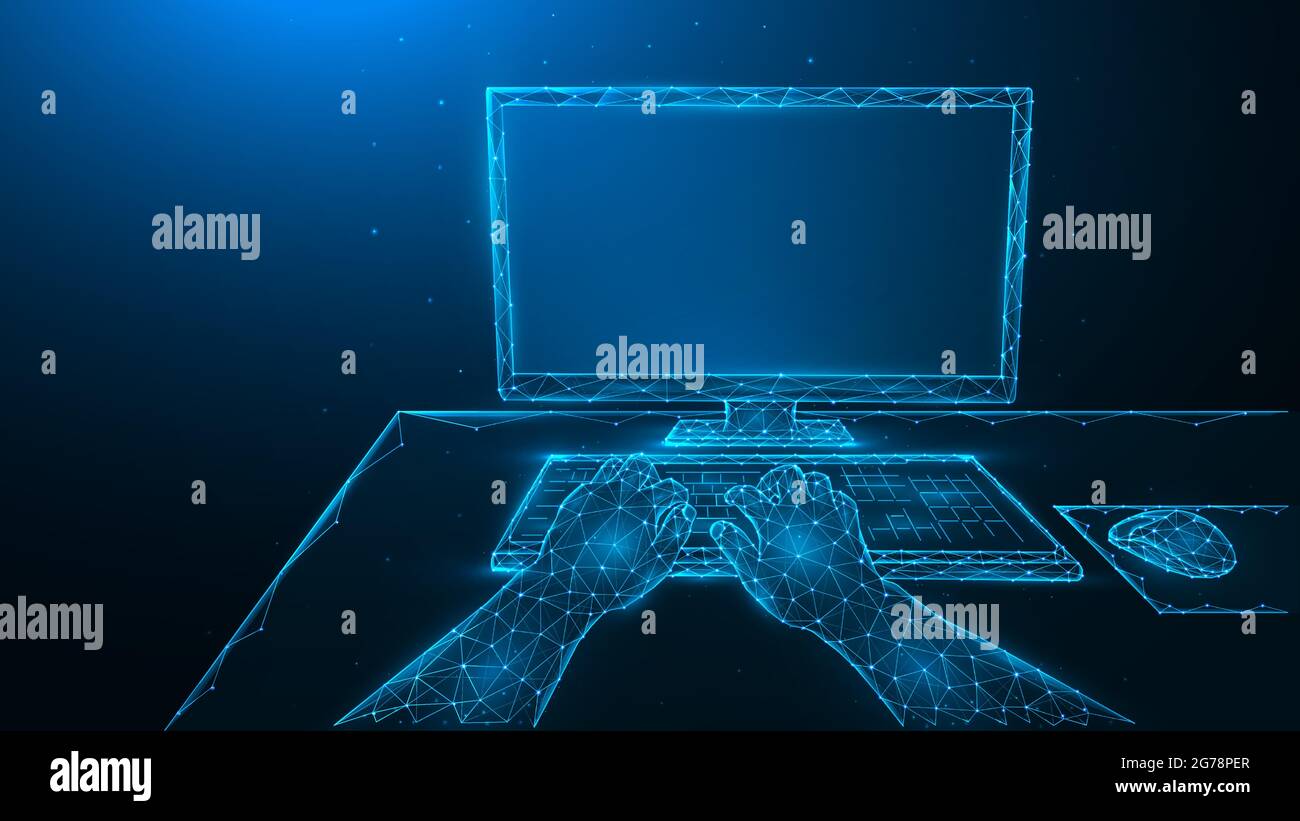Person Using Computer And Typing On Keyboard Work On Computer Polygonal Vector Illustration Of