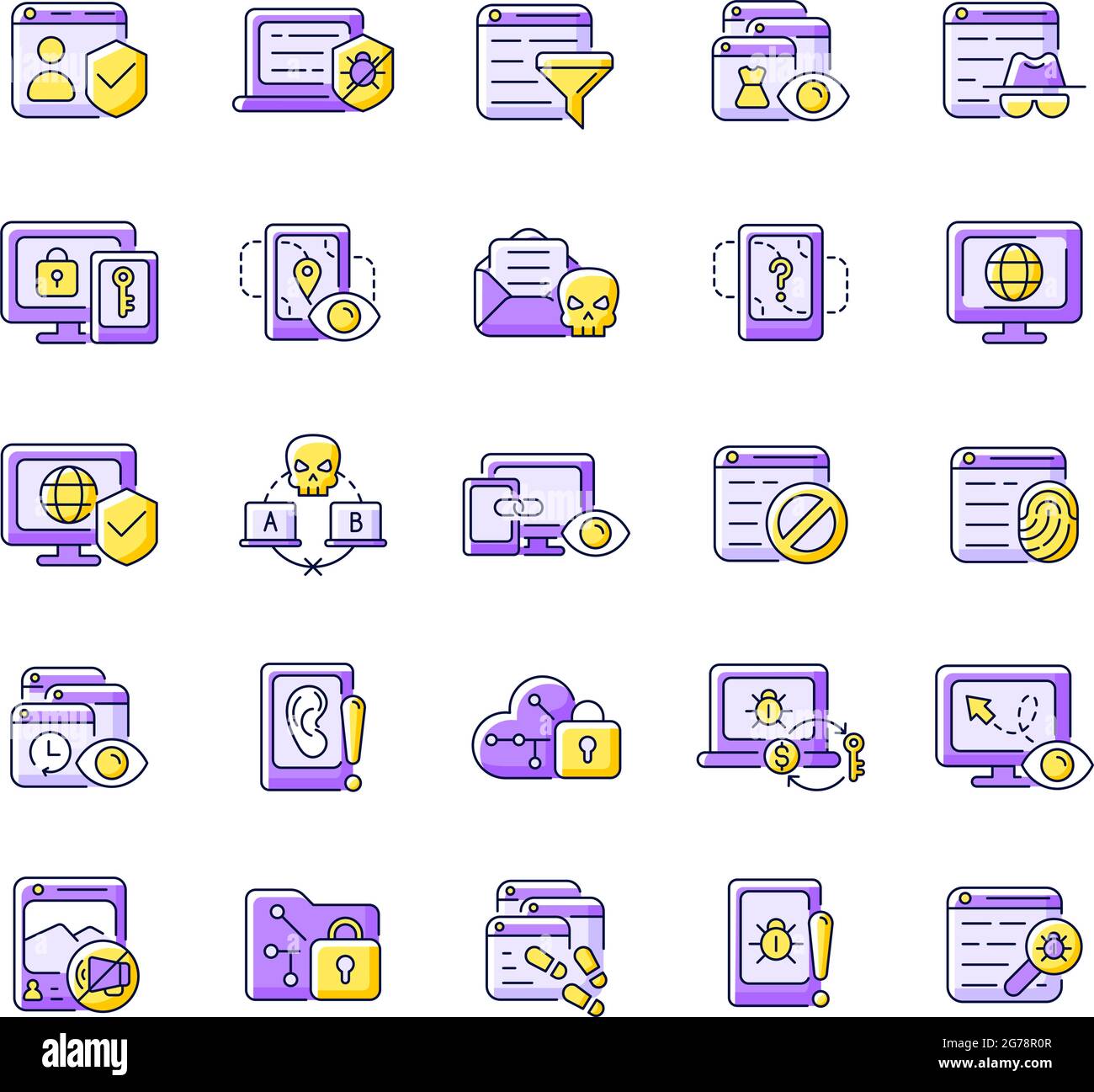 Online surveillance and censorship purple RGB color icons set Stock ...
