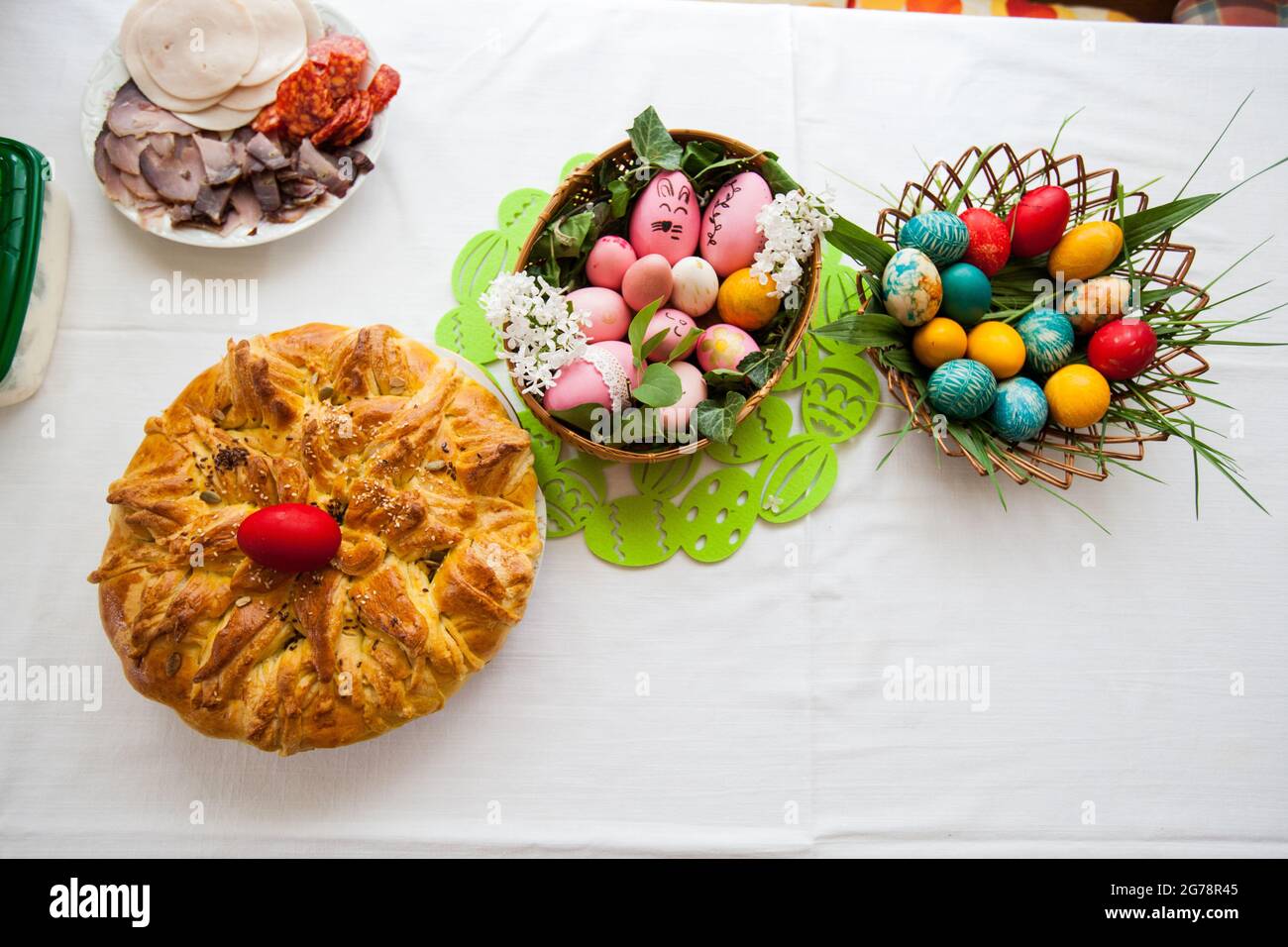 Traditional handmade holiday bread, food serving on table, Eastern ...