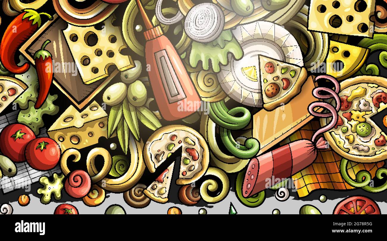 Pizza hand drawn doodle banner. Cartoon vector detailed flyer ...