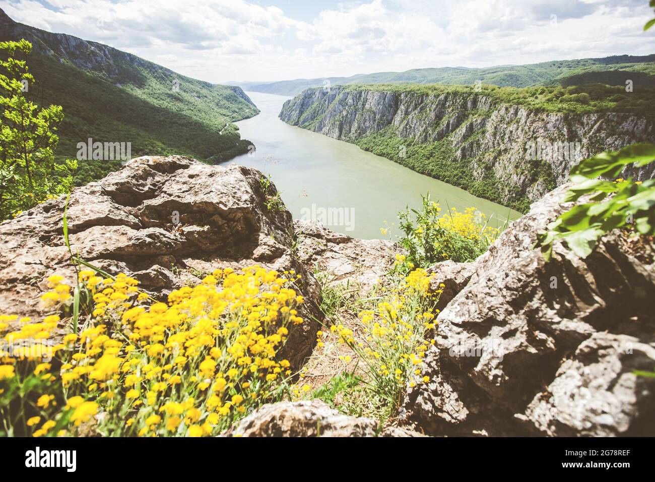 Panoramic view of amazing gorge on the Danube river , seen from the ...
