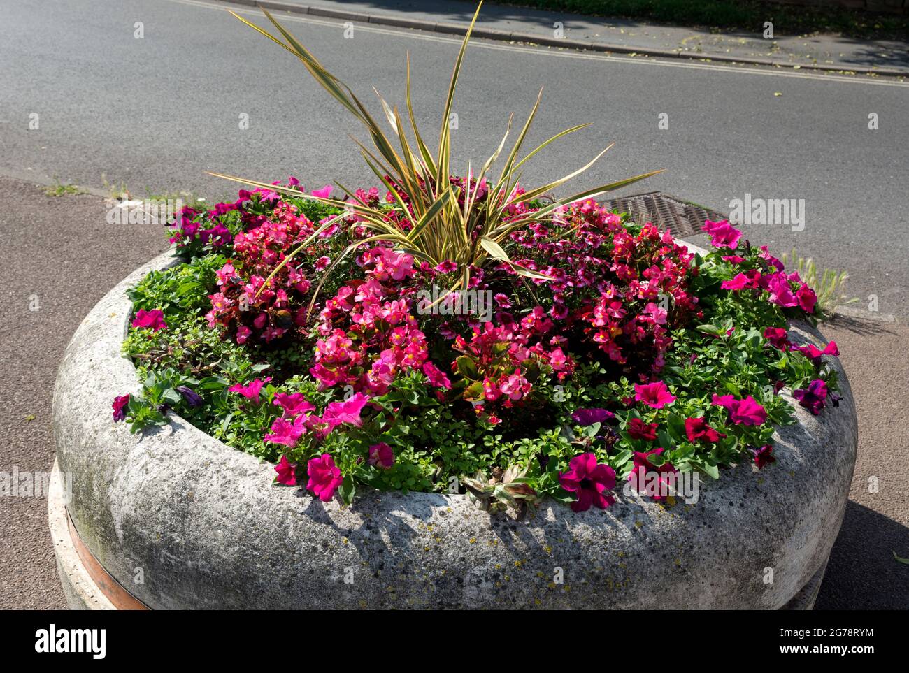 Roadside planter with summer flowers, Stratford-upon-Avon town centre ...