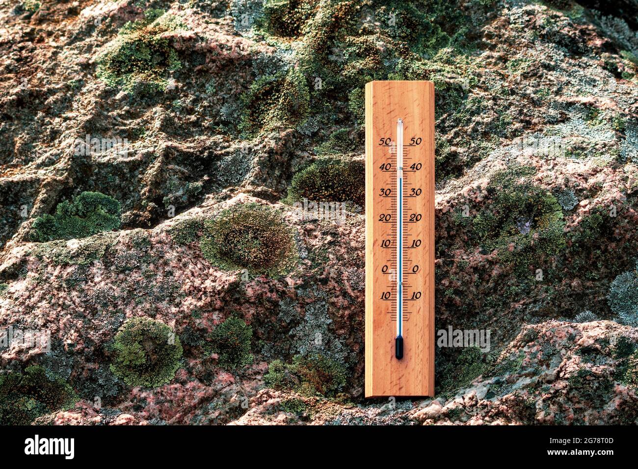 Thermometer on the rock.Thermometer with a high temperature reading on ...