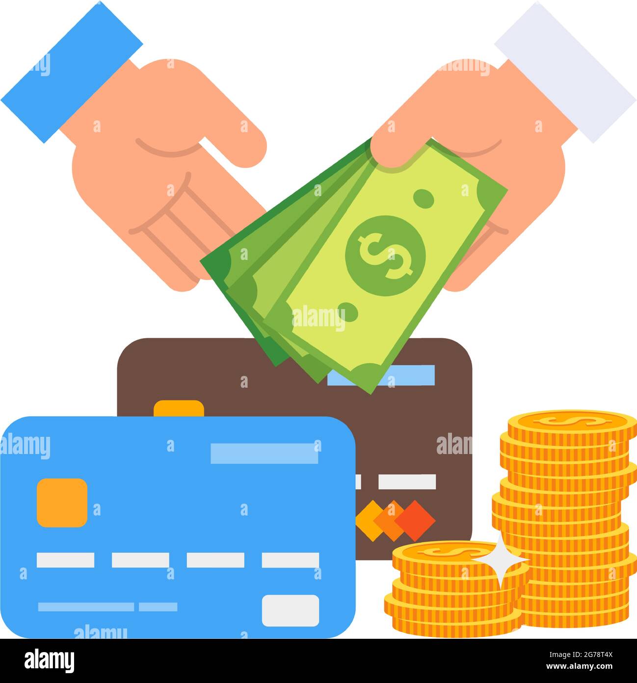 Money cash in hand, coin stack and credit bank card vector Stock Vector ...