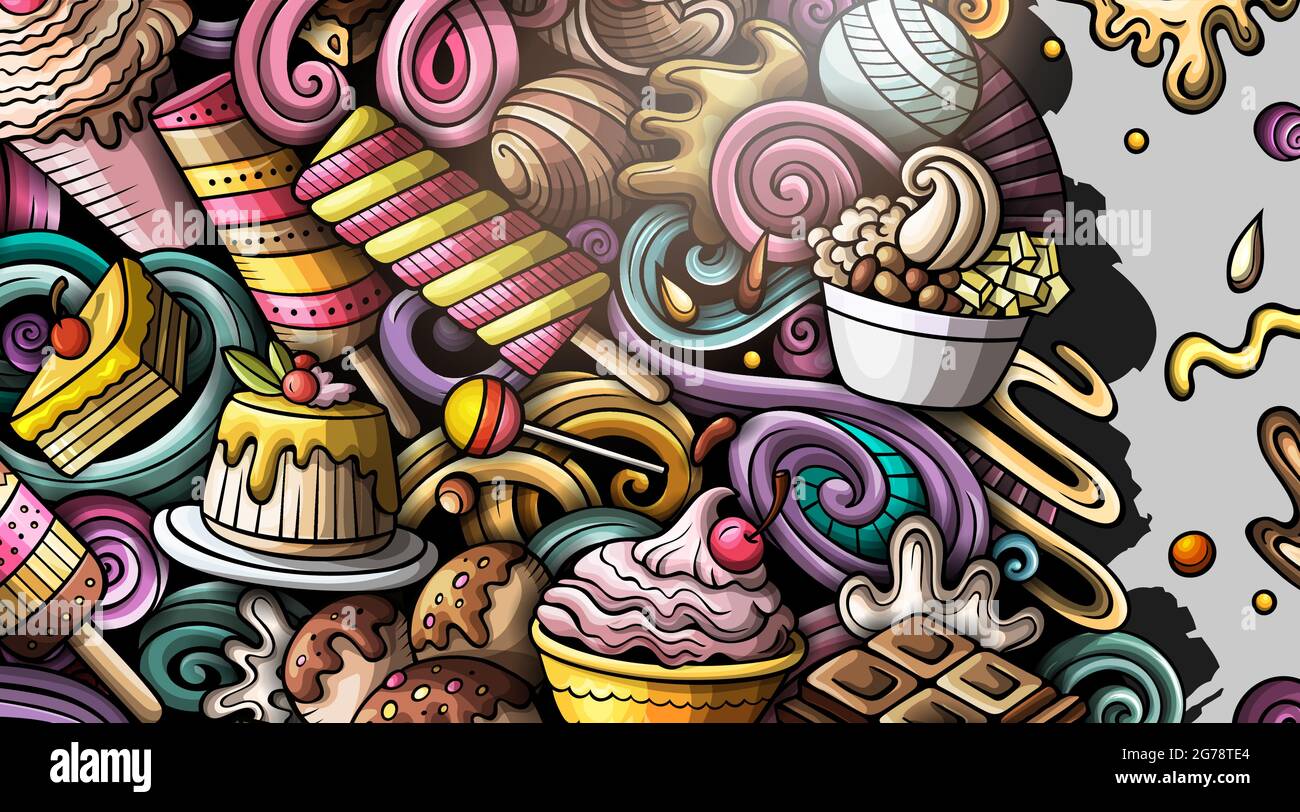 Desserts hand drawn doodle banner. Cartoon vector detailed flyer ...