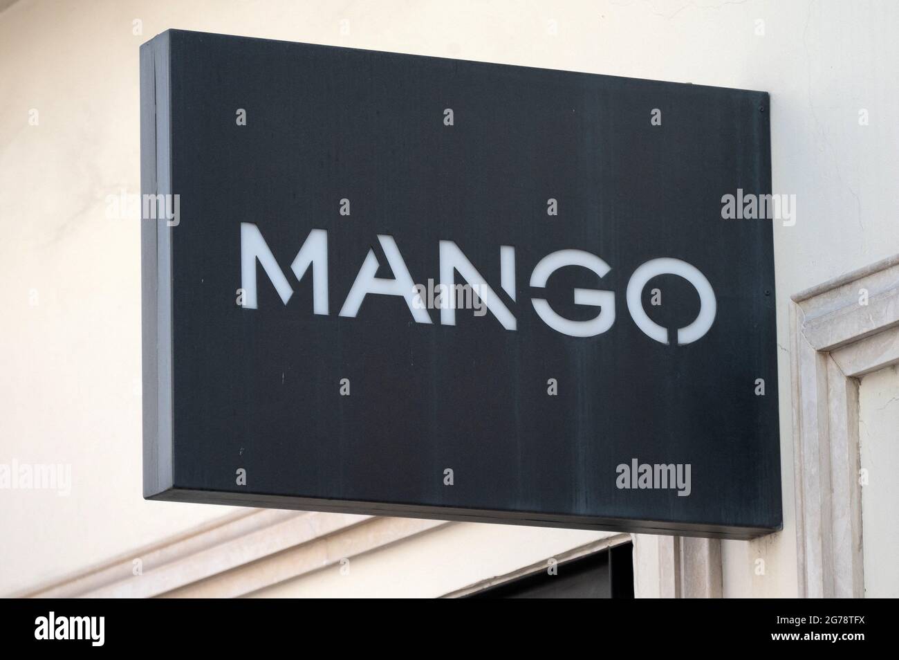 A shop sign of MANGO,on July 12, 2021 in Cannes, France. Photo by David ...