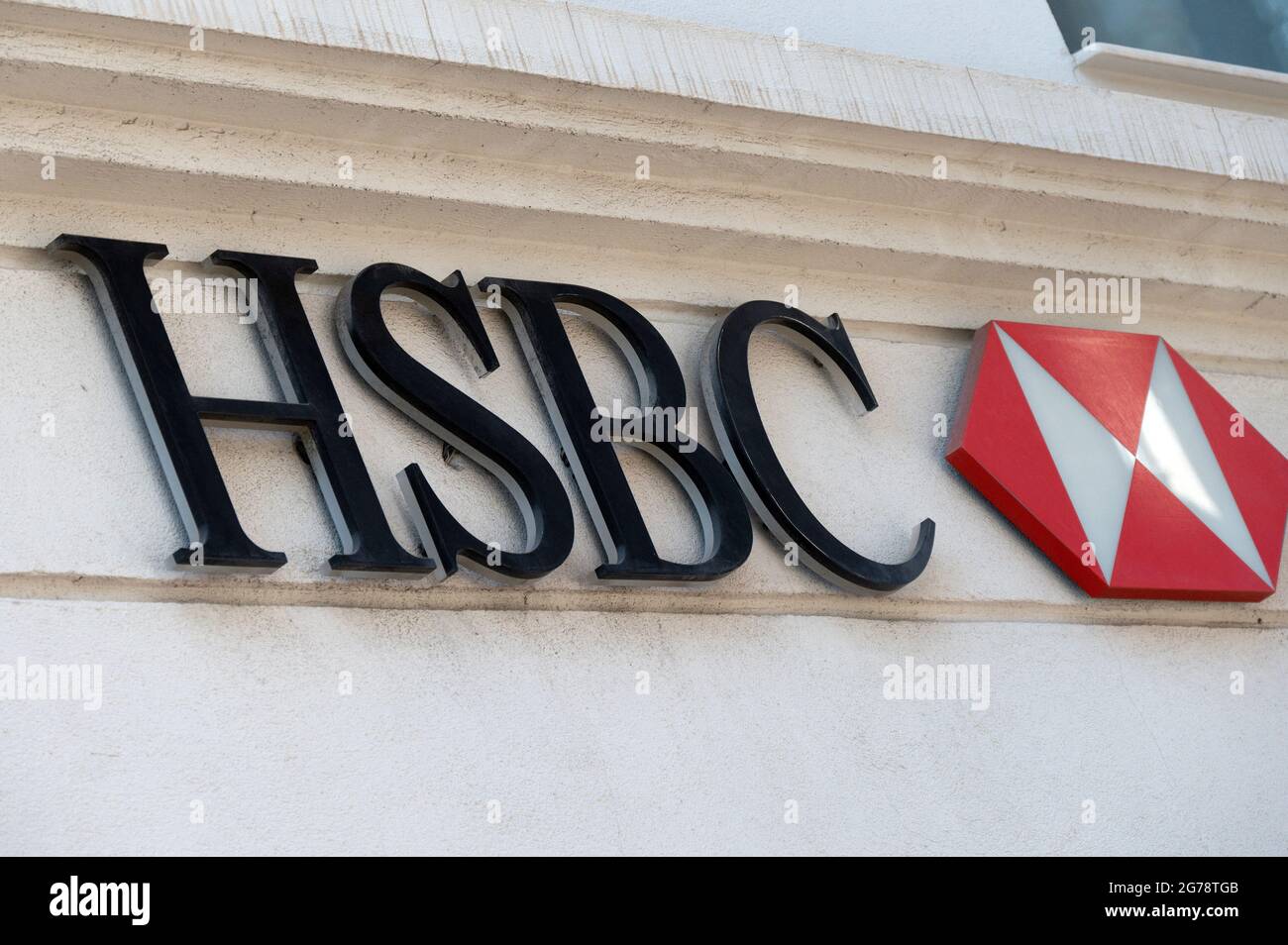 A shop sign of HSBC banque,on July 12, 2021 in Cannes, France. Photo by ...