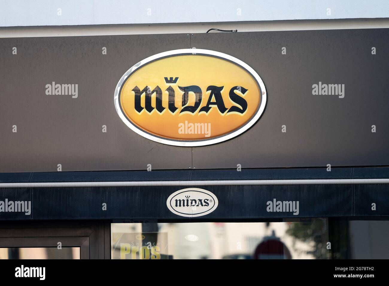 A shop sign of MIDAS,on July 12, 2021 in Cannes, France. Photo by David ...