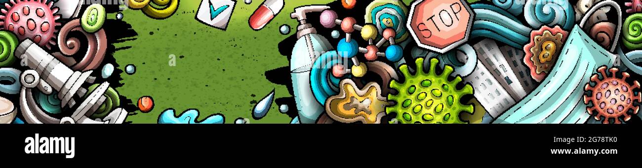 Coronavirus hand drawn doodle banner. Cartoon vector detailed flyer ...