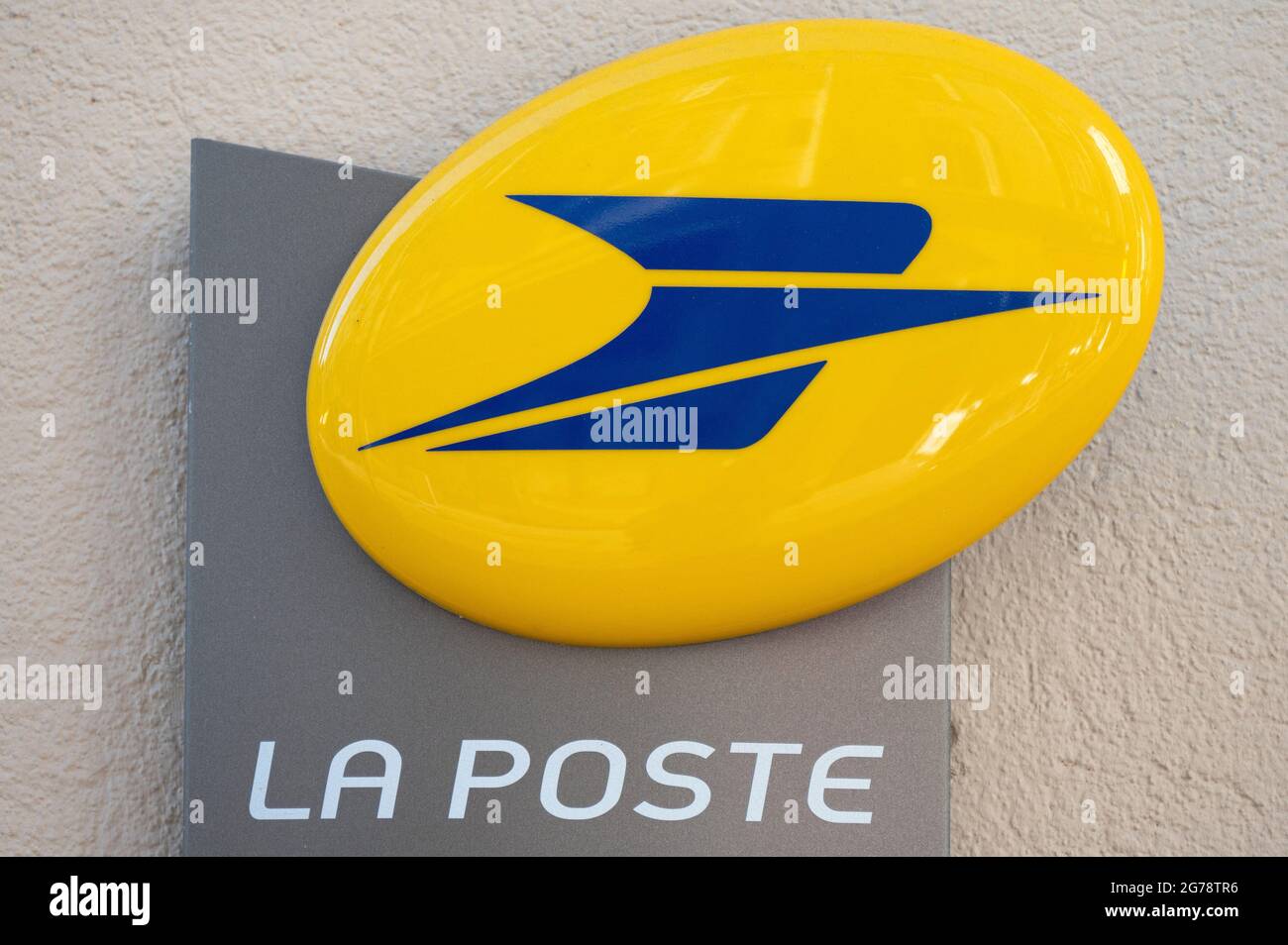 A shop sign of LA POSTE,on July 12, 2021 in Cannes, France. Photo by ...