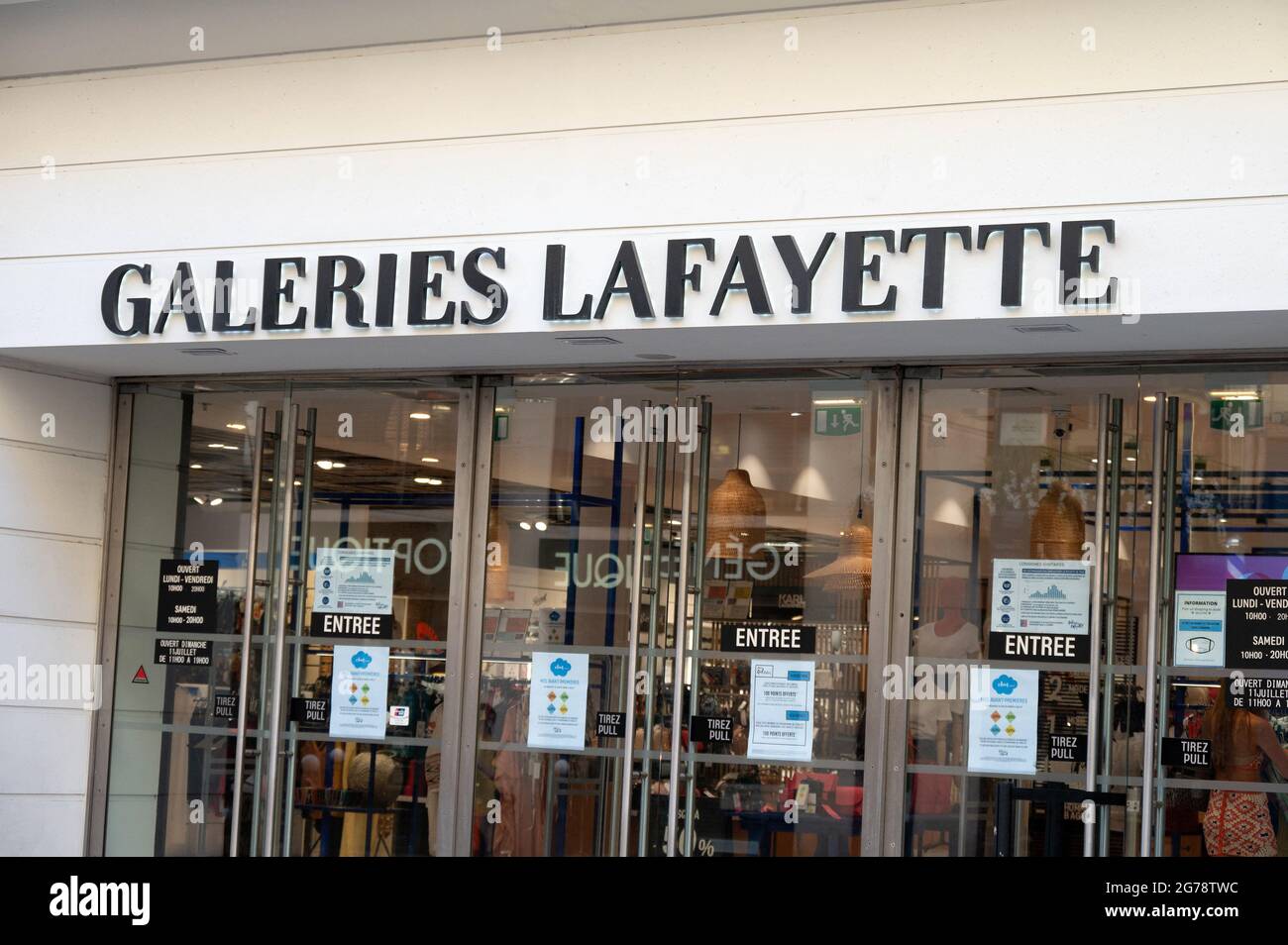 A shop sign of GALERIE LAFAYETTE,on July 12, 2021 in Cannes, France ...