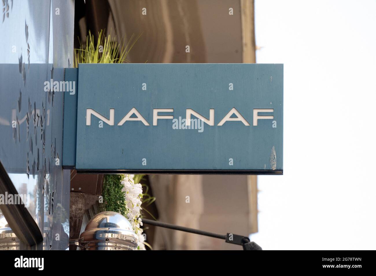 A shop sign of NAF NAF,on July 12, 2021 in Cannes, France. Photo by ...