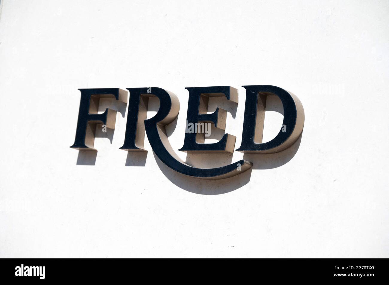 A shop sign of FRED,on July 12, 2021 in Cannes, France. Photo by David ...