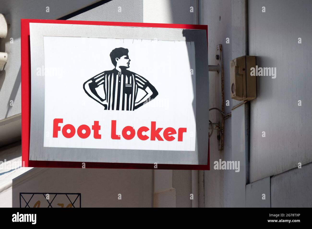 A shop sign of Foot Locker,on July 12, 2021 in Cannes, France. Photo by ...