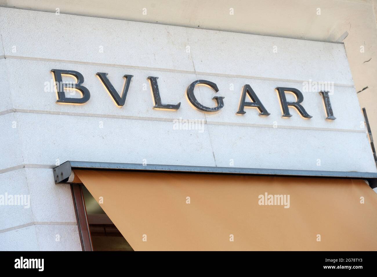 A shop sign of BVLGARI (BULGARI),on July 12, 2021 in Cannes, France ...