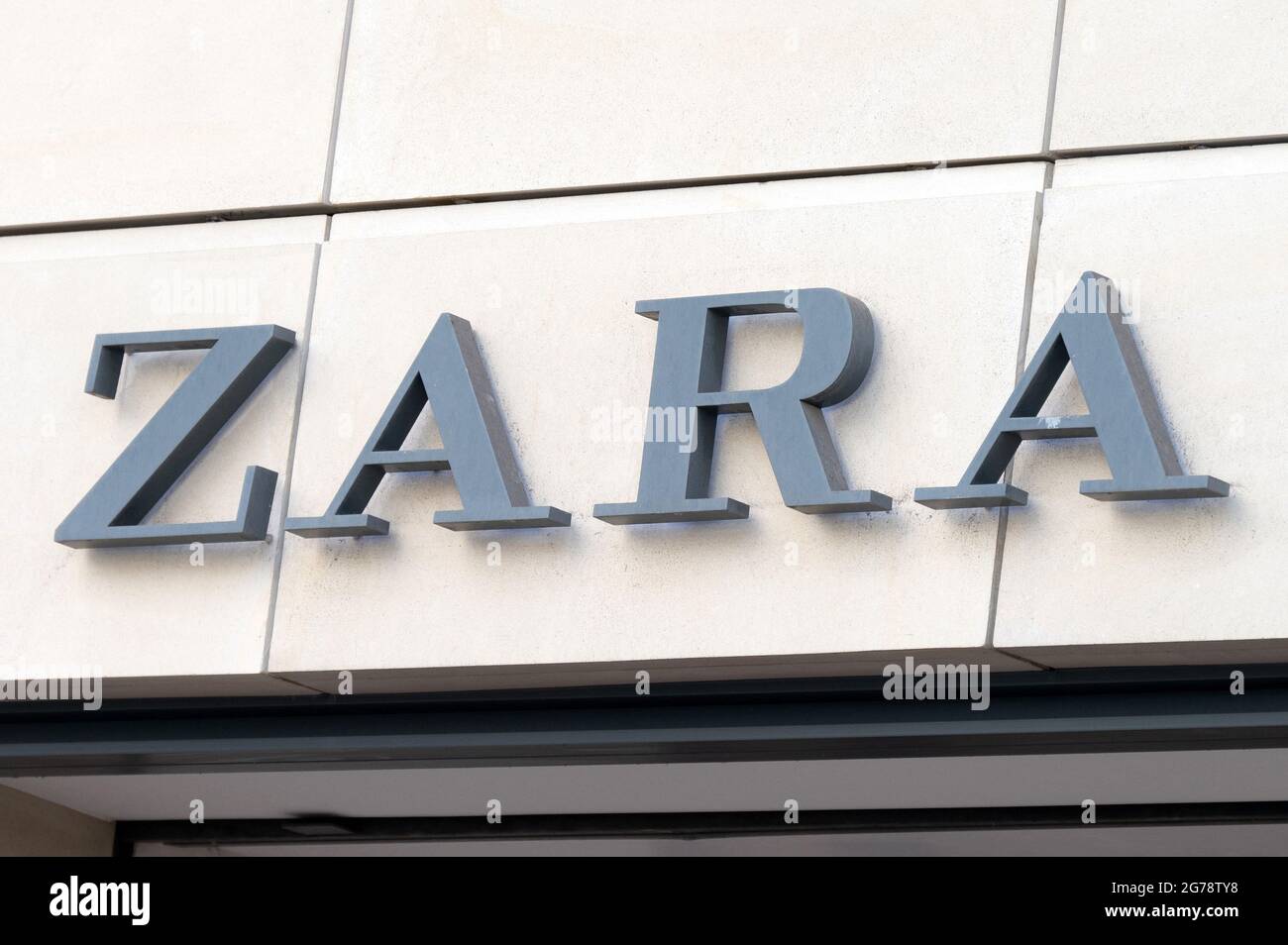 A shop sign of ZARA,on July 12, 2021 in Cannes, France. Photo by David ...