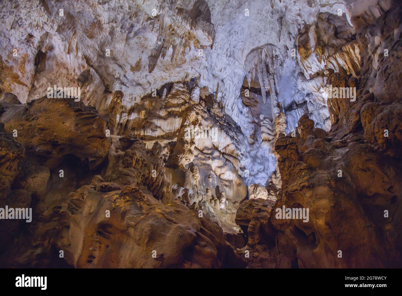 Underground cave, amazing scene , view of stalactites and stalagmite ...