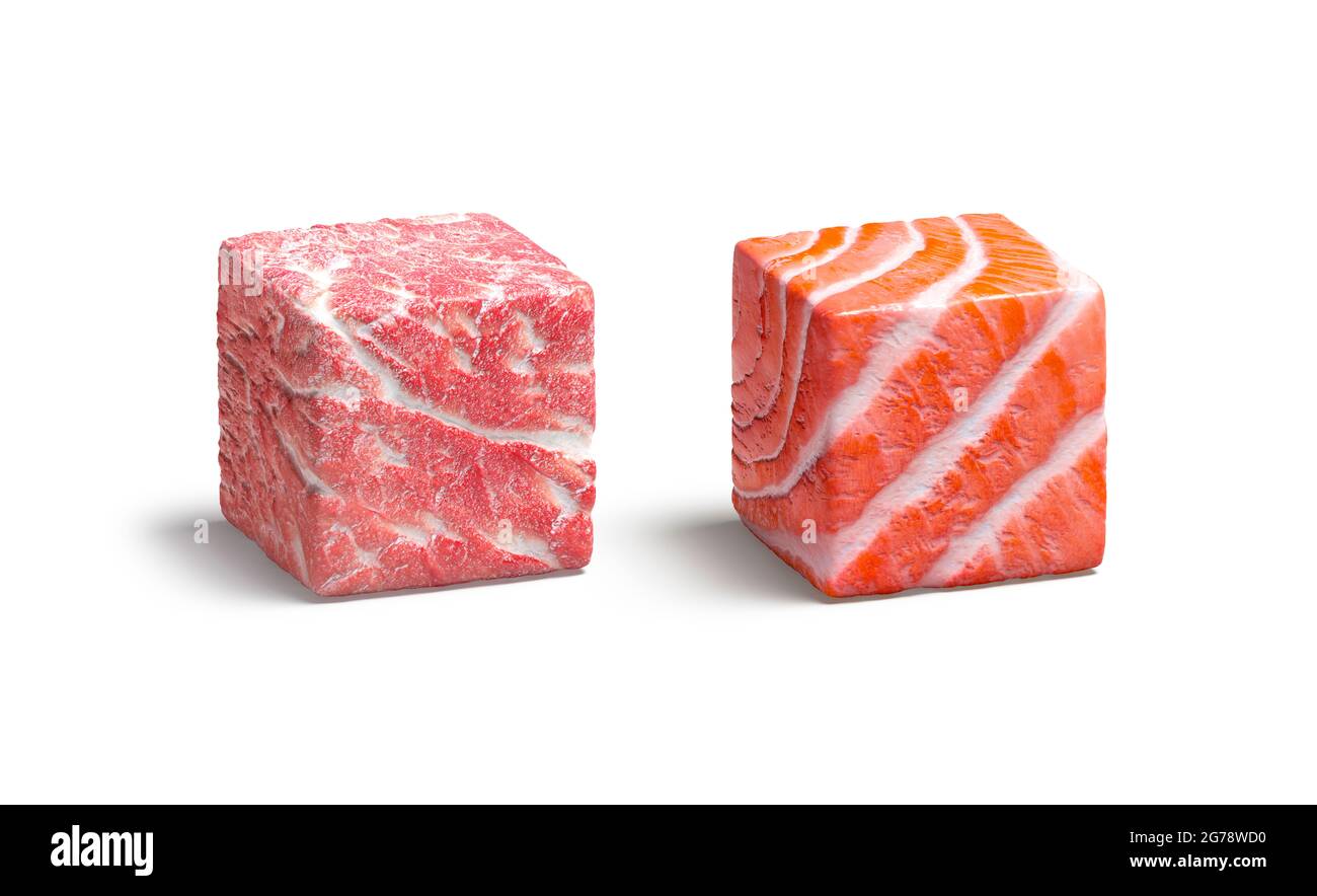 Blank meat and fish cube mockup, isolated, 3d rendering. Empty raw beef ...