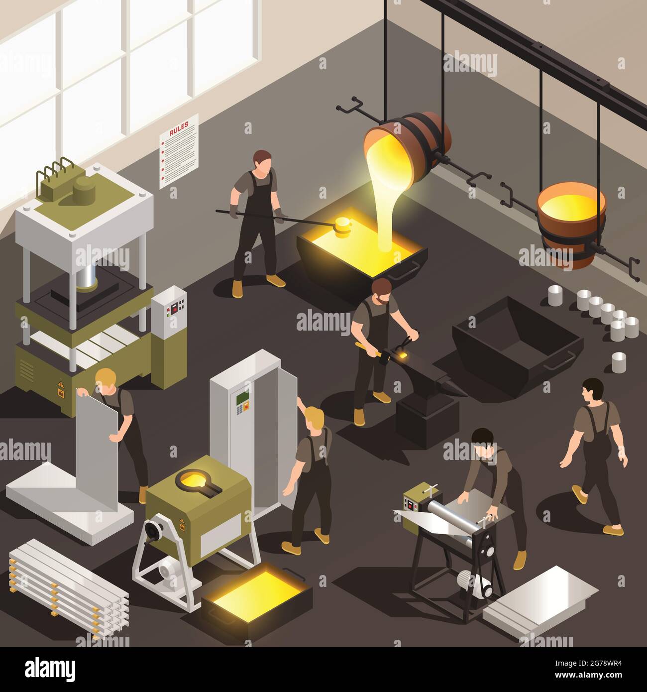 Metalworking manufacturing facility workers isometric composition with ...