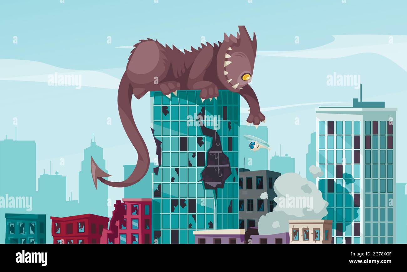 Funny monster with sharp teeth and long tail sitting on top of damaged ...