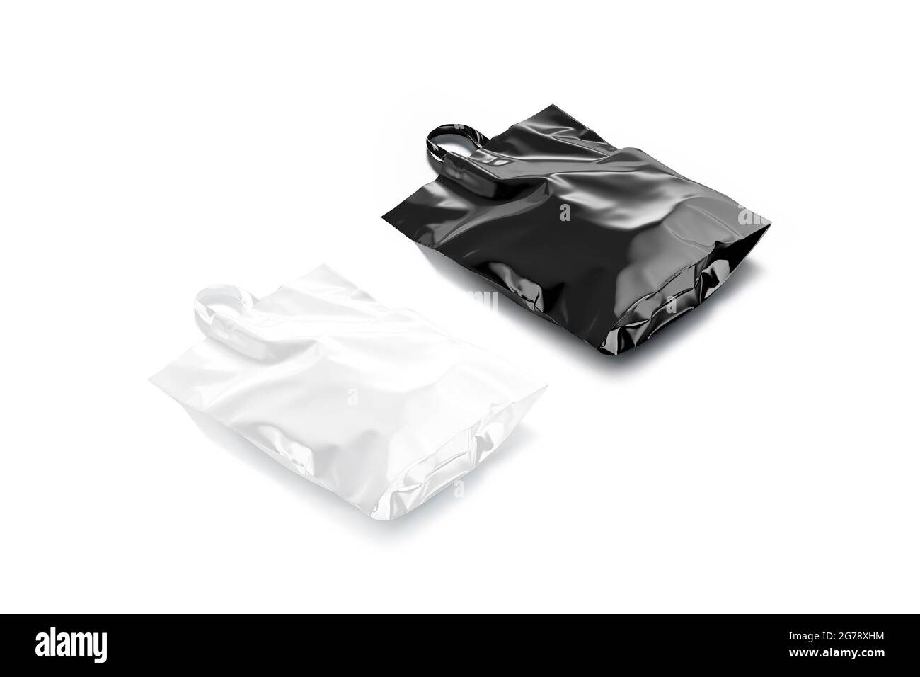 Blank black and white full loop handle plastic bag mockup, 3d rendering ...