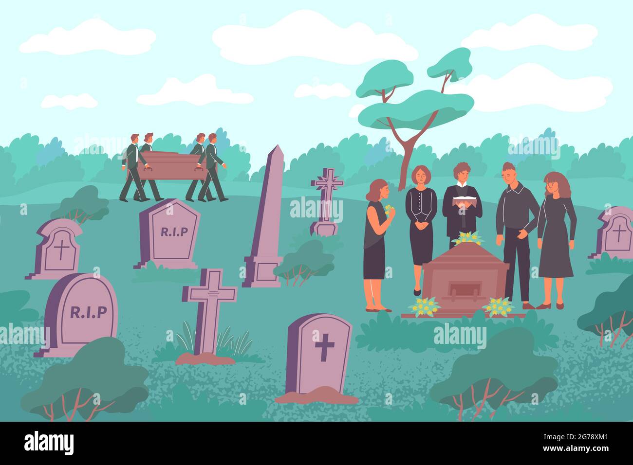 Funeral flat composition with cemetery landscape with stone graves and ...