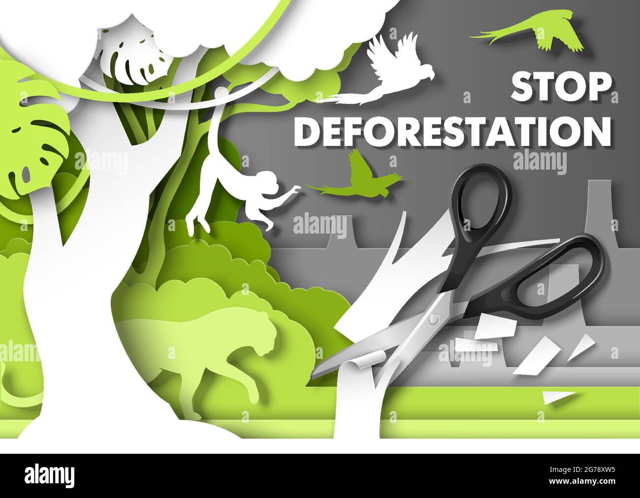 Stop deforestation poster. Jungle animals looking at scissors cutting ...
