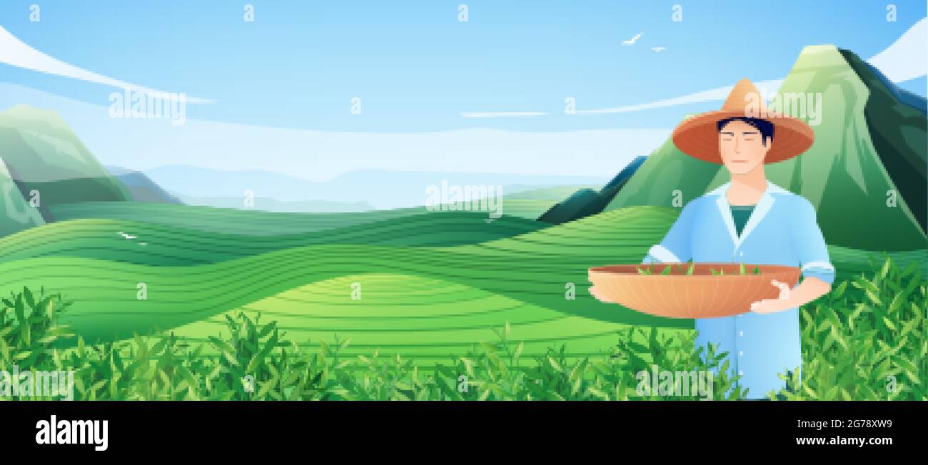 Natural tea production horizontal poster with chinese man busy ...