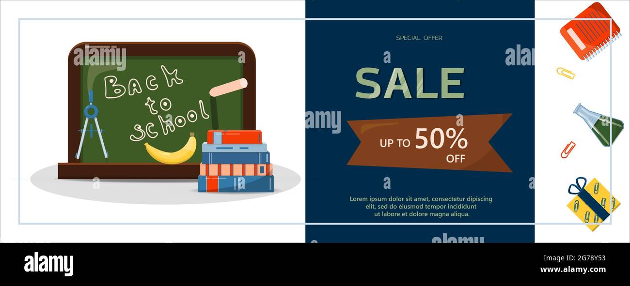 Back to school. Advertising banner, sale, online store, web. Stationery ...