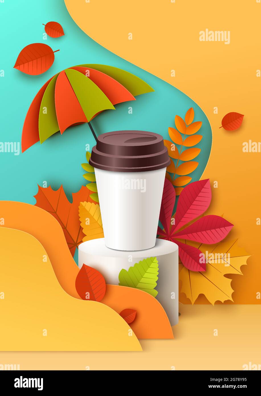 Plastic disposable cup on display podium, paper cut autumn background ...