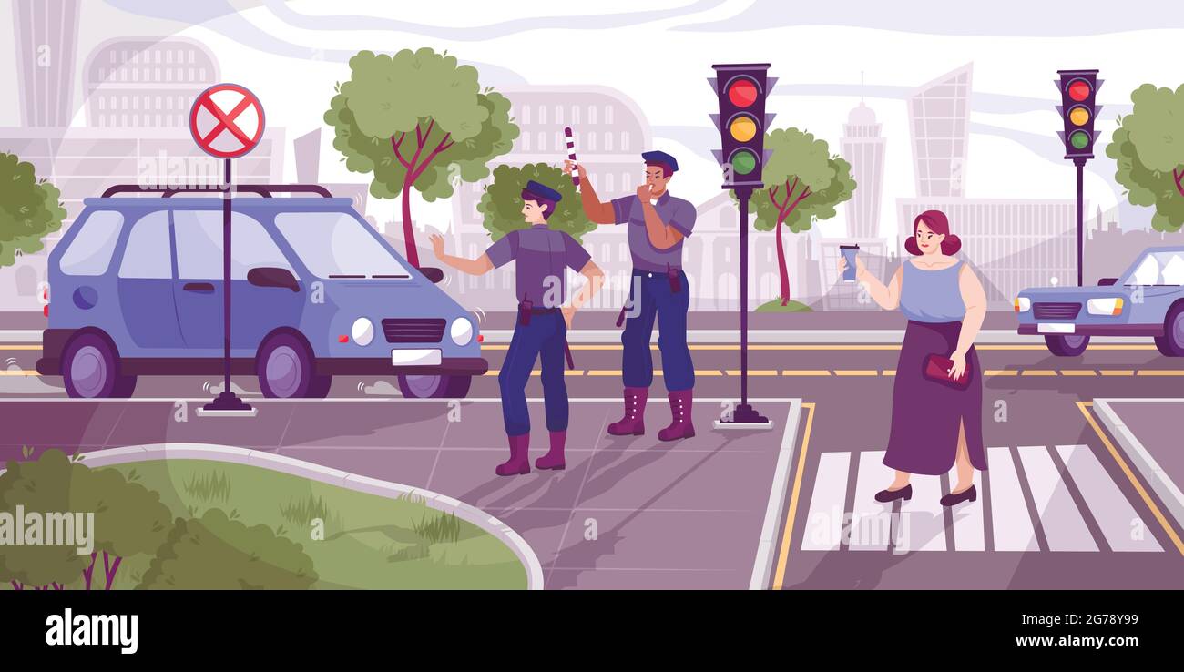 Traffic police background with stop signal symbols flat vector ...