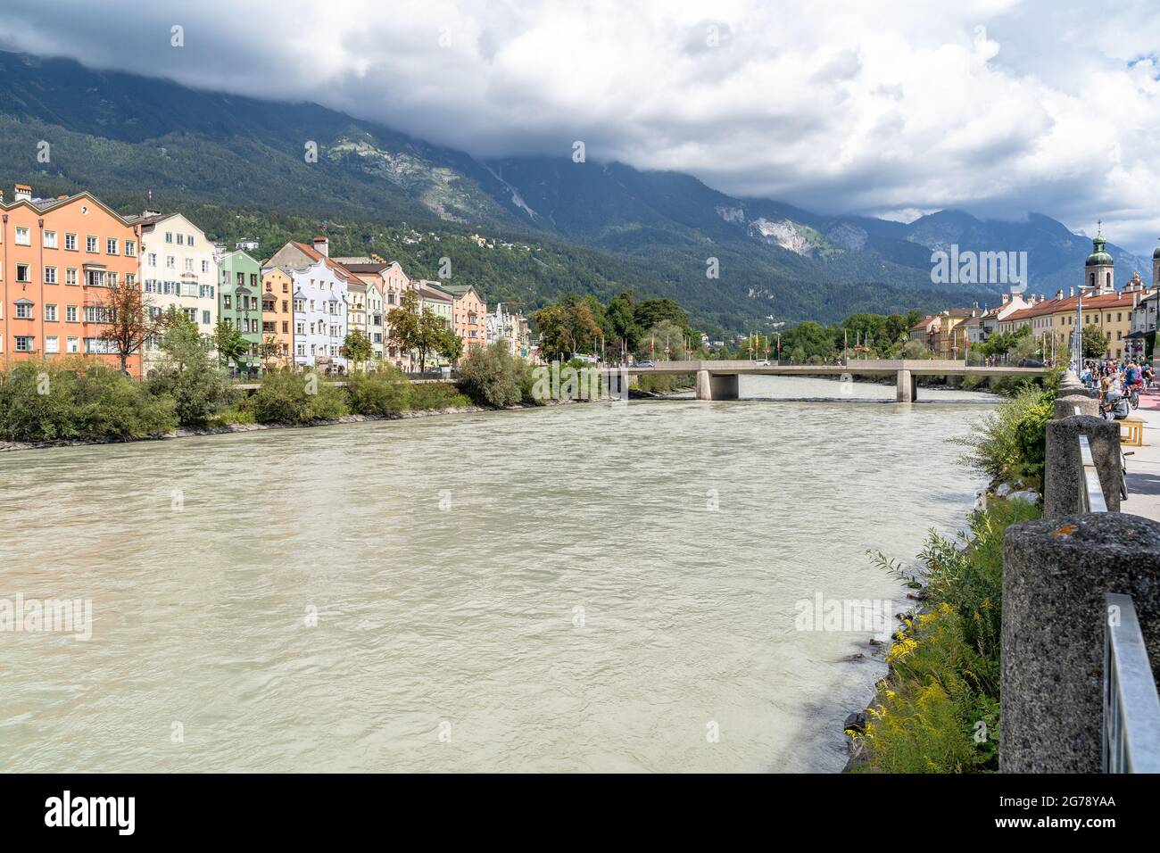 Europe, Austria, Tyrol, Innsbruck, view over the Inn to the colorful ...