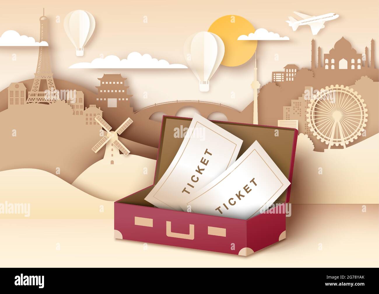 Tickets in suitcase, paper cut plane flying over world famous landmarks ...