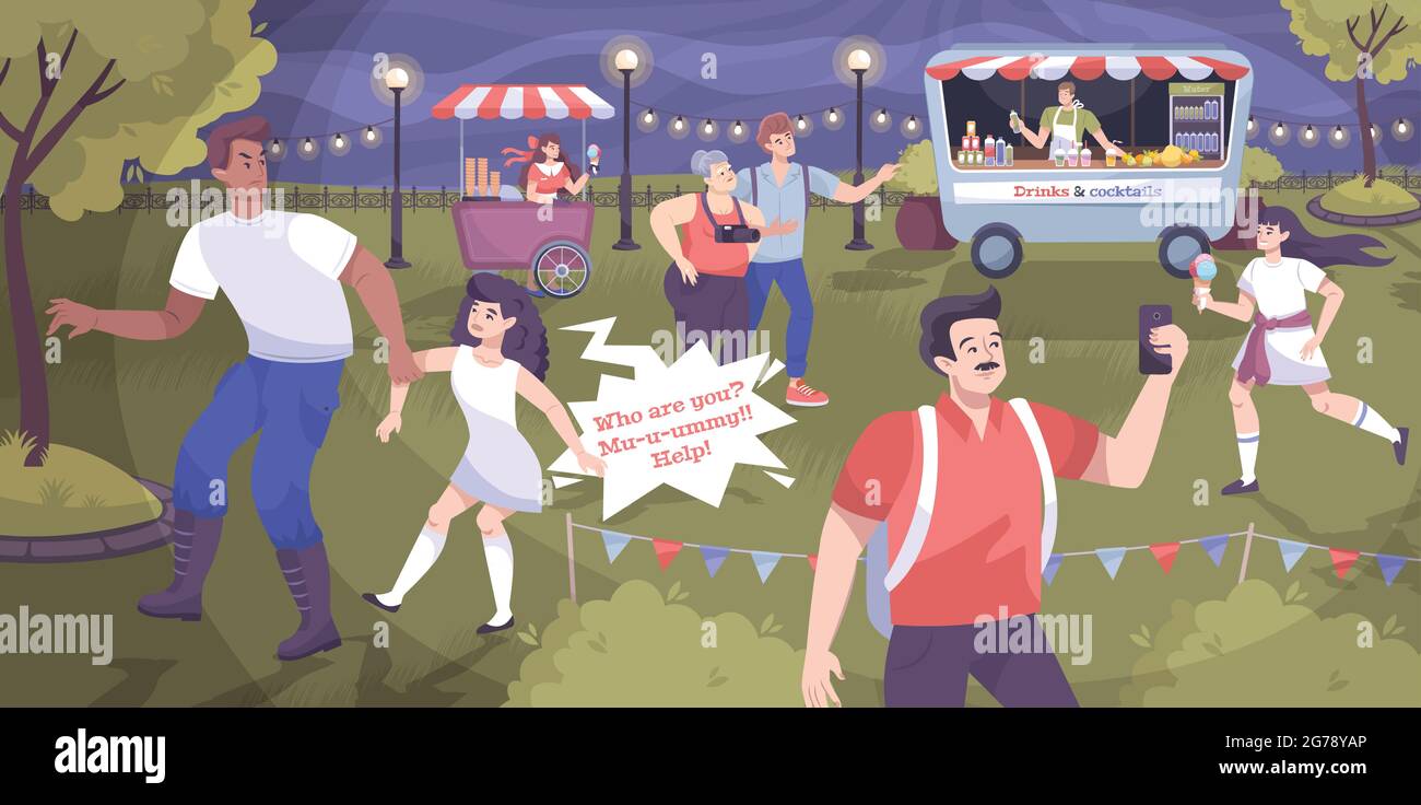 Child kidnapping background with festival and crime symbols flat vector ...