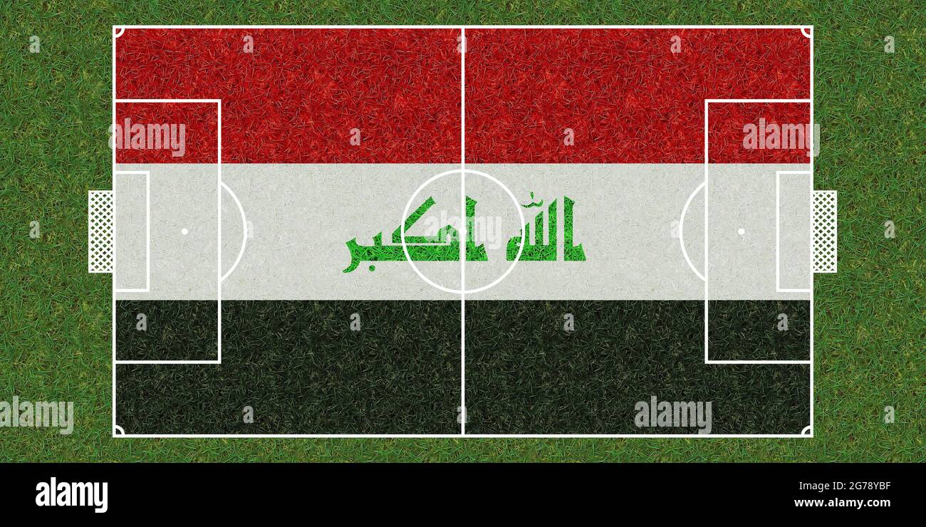 Top view of Green grass soccer field with flag of Iraq. football ...