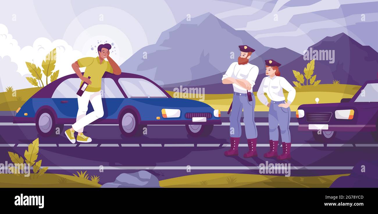 Traffic police patrol background with drunk driver symbols flat vector ...
