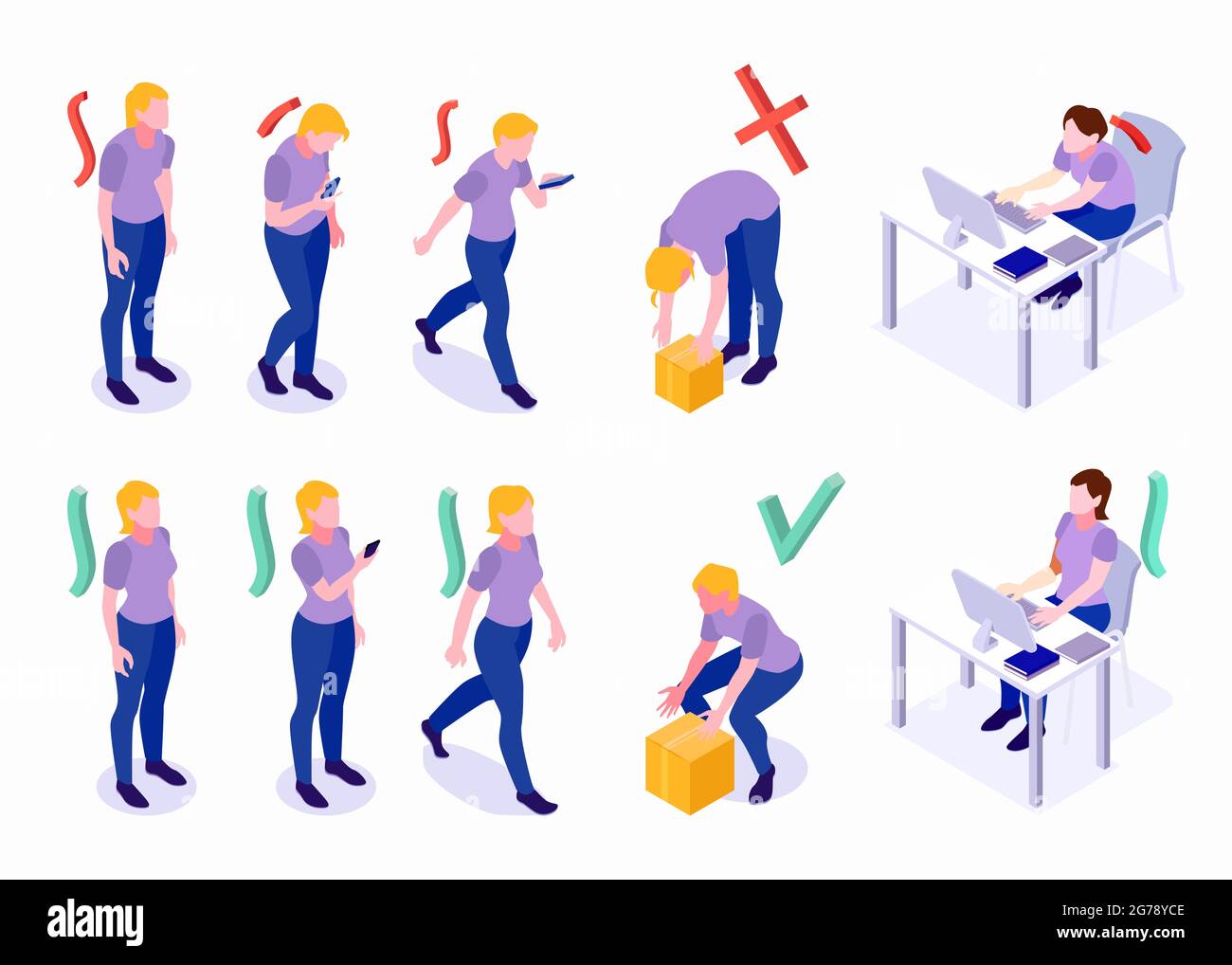 Woman postures isometric set with bad and good standing walking lifting ...