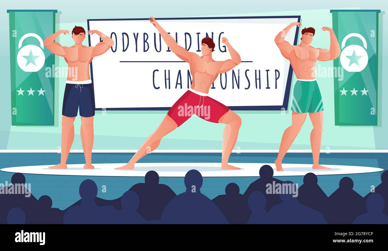 Bodybuilding competition show flat composition with view of athletes ...