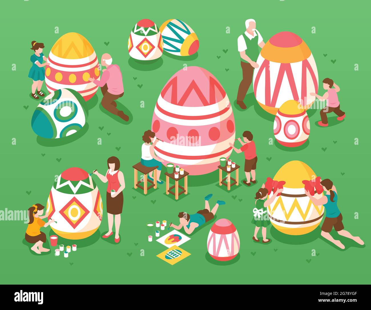 Easter isometric green background with children and adult characters ...