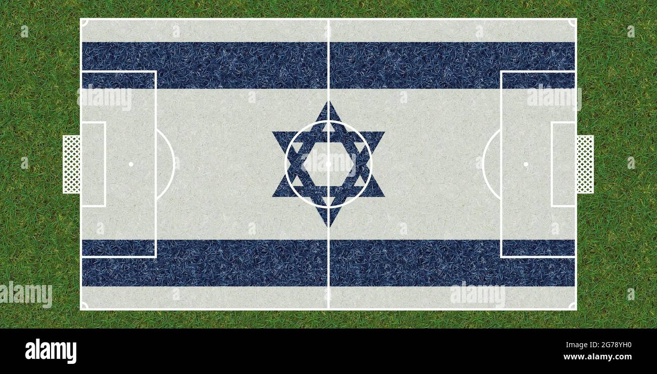 Top view of Green grass soccer field with flag of Israel. football ...
