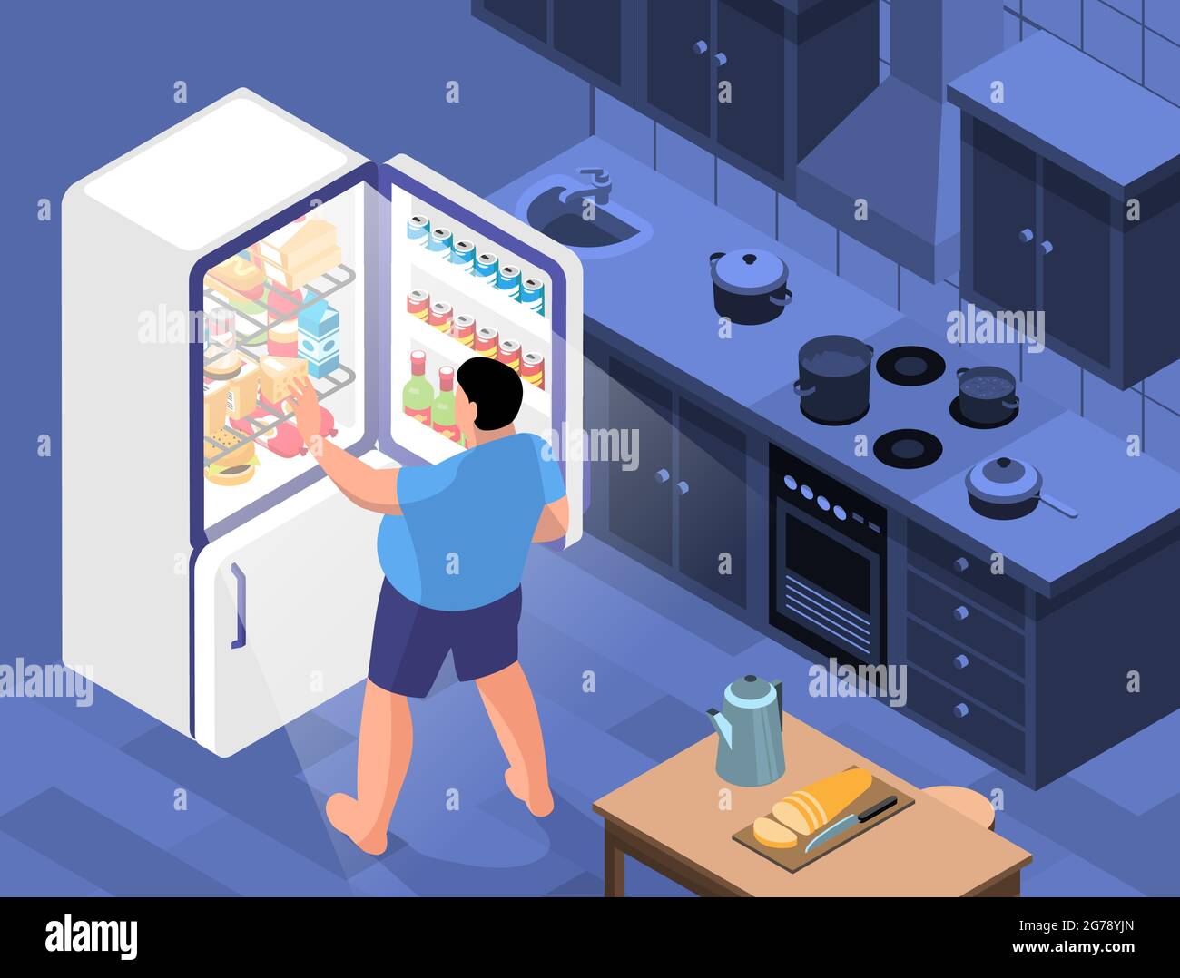 Isometric obesity horizontal composition with view of kitchen interior ...