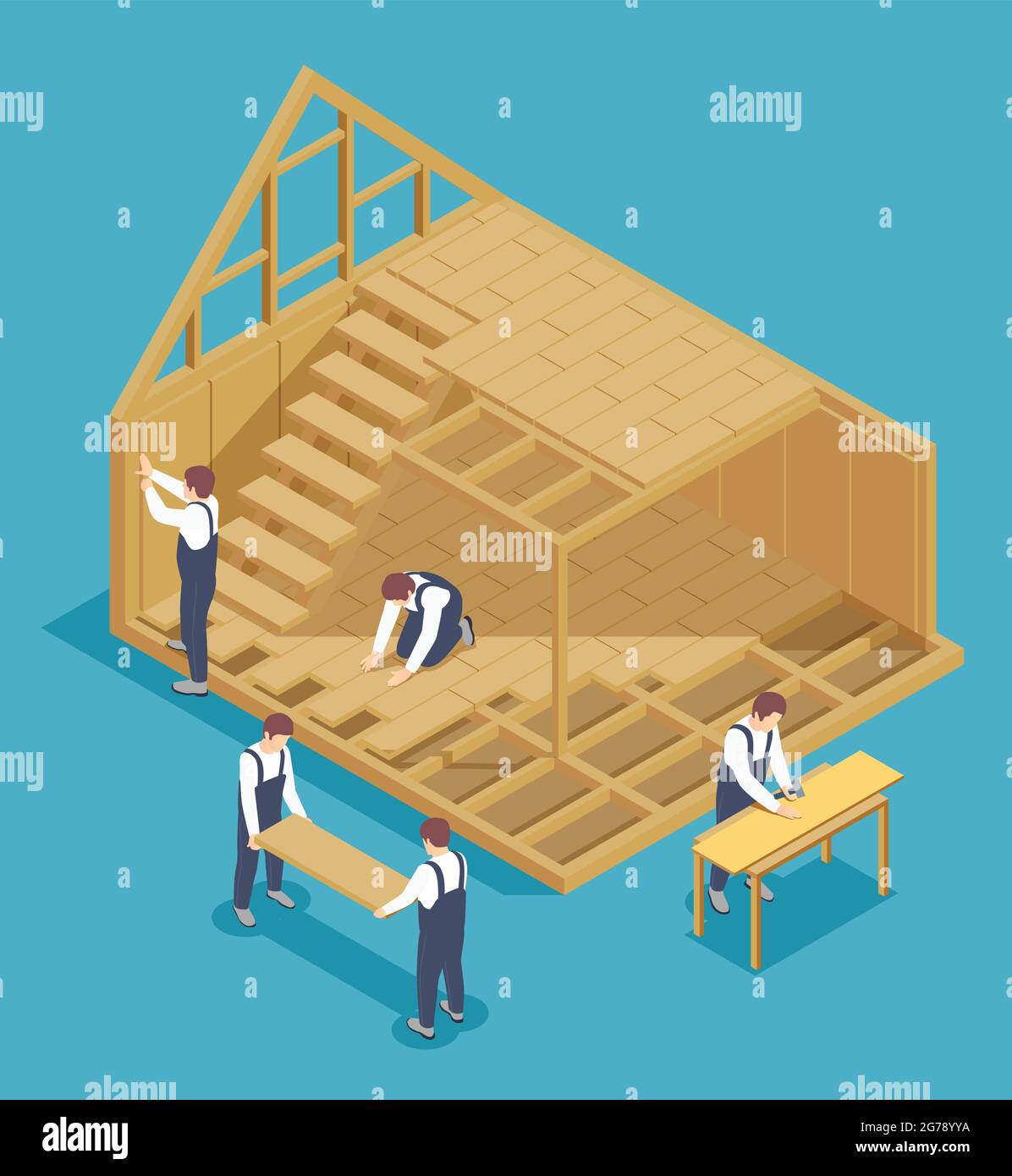 Modular Frame Building Isometric Composition With Characters Of Workers And View Of Living House