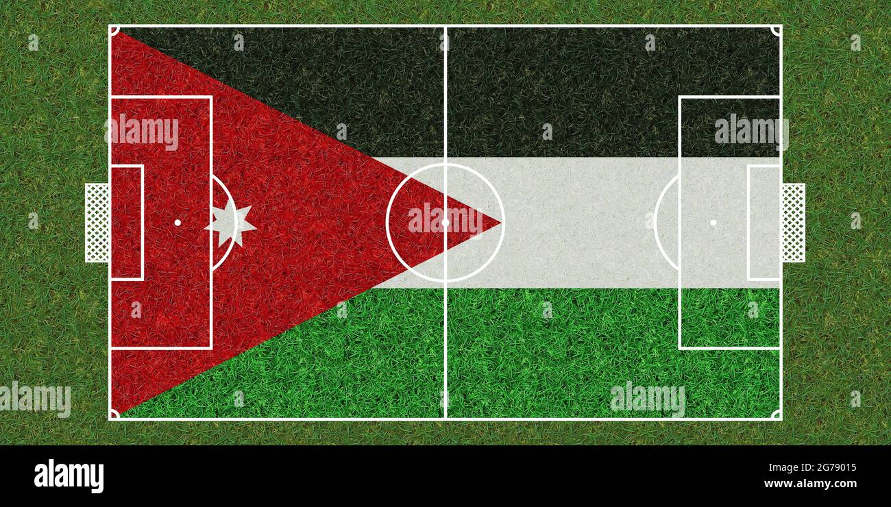 Top view of Green grass soccer field with flag of Jordan. football ...