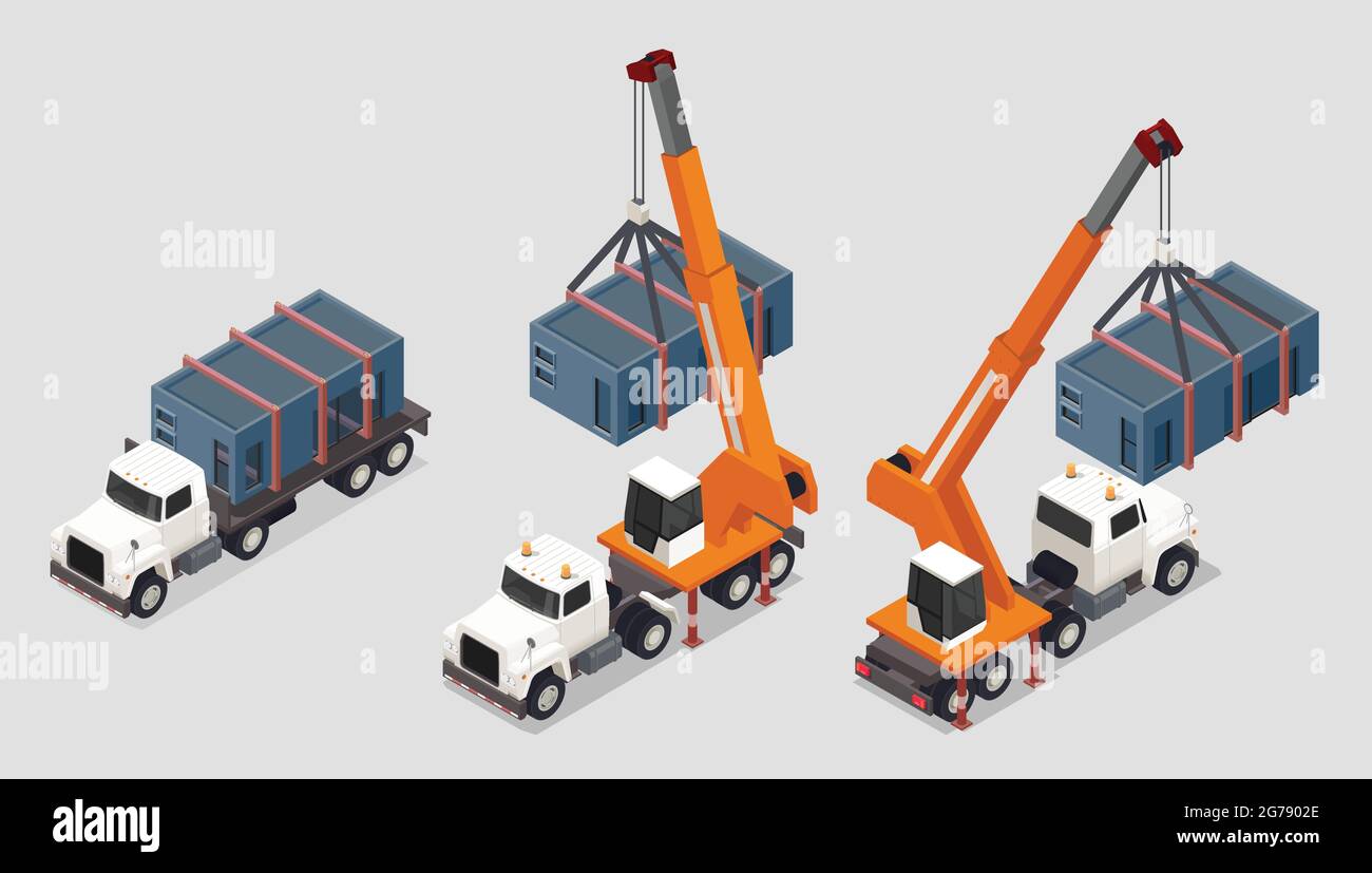 Modular frame building isometric composition with set of trucks with ...