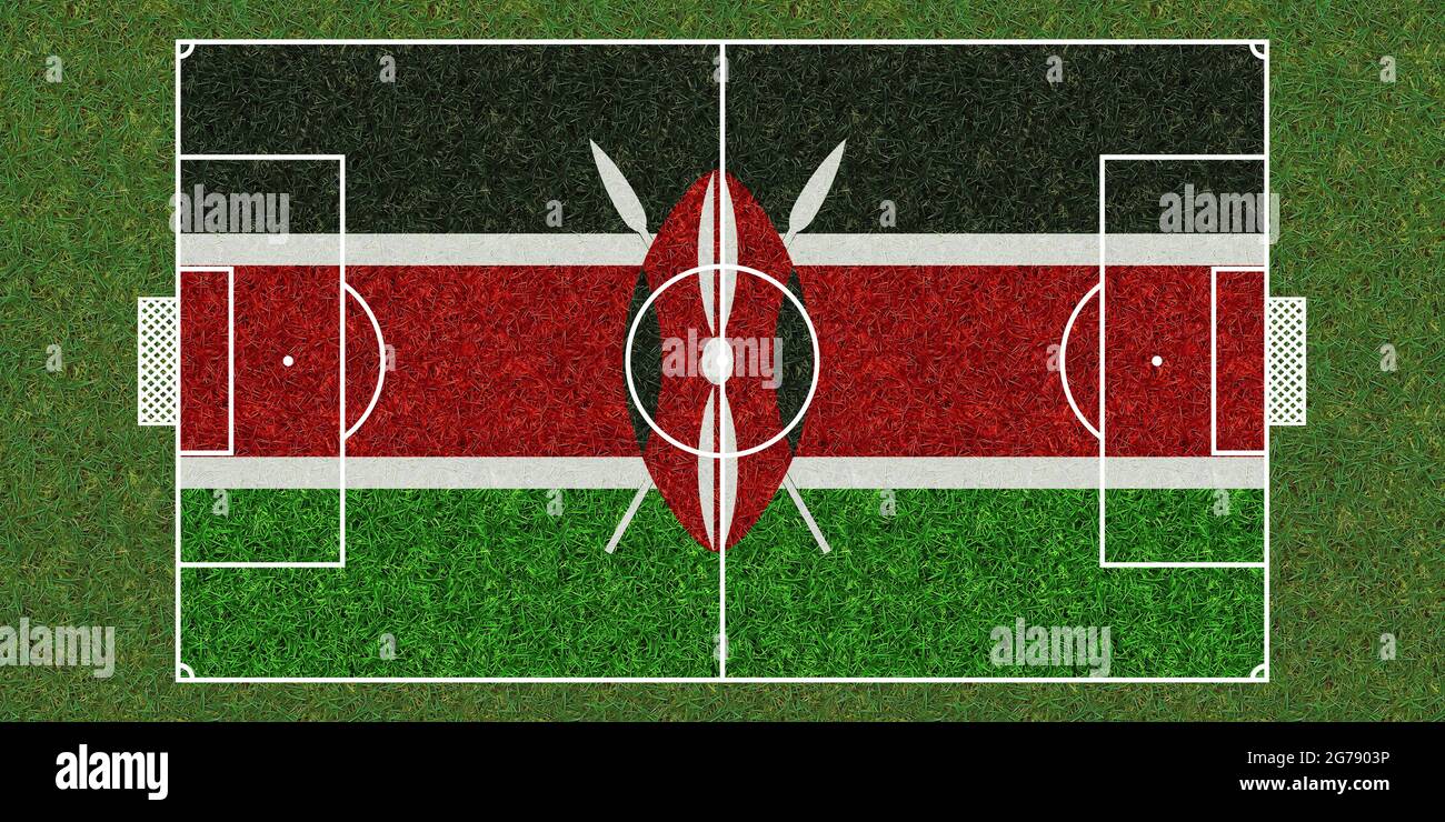 Top view of Green grass soccer field with flag of Kenya. football ...